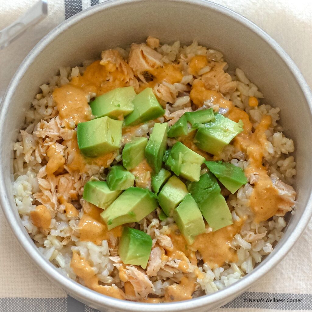 Salmon Rice Bowl with Roasted Pepper Aioli Sauce - Nena's Wellness Corner